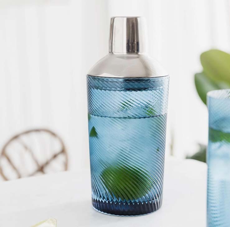 Blue Twist Glass Cocktail Shaker | Eco-Friendly Barware for Home Cocktails