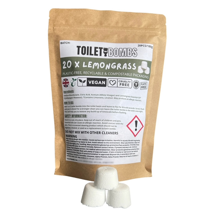 Lemongrass Eco Toilet Bombs – 20 Pack | Plastic-Free Toilet Cleaner